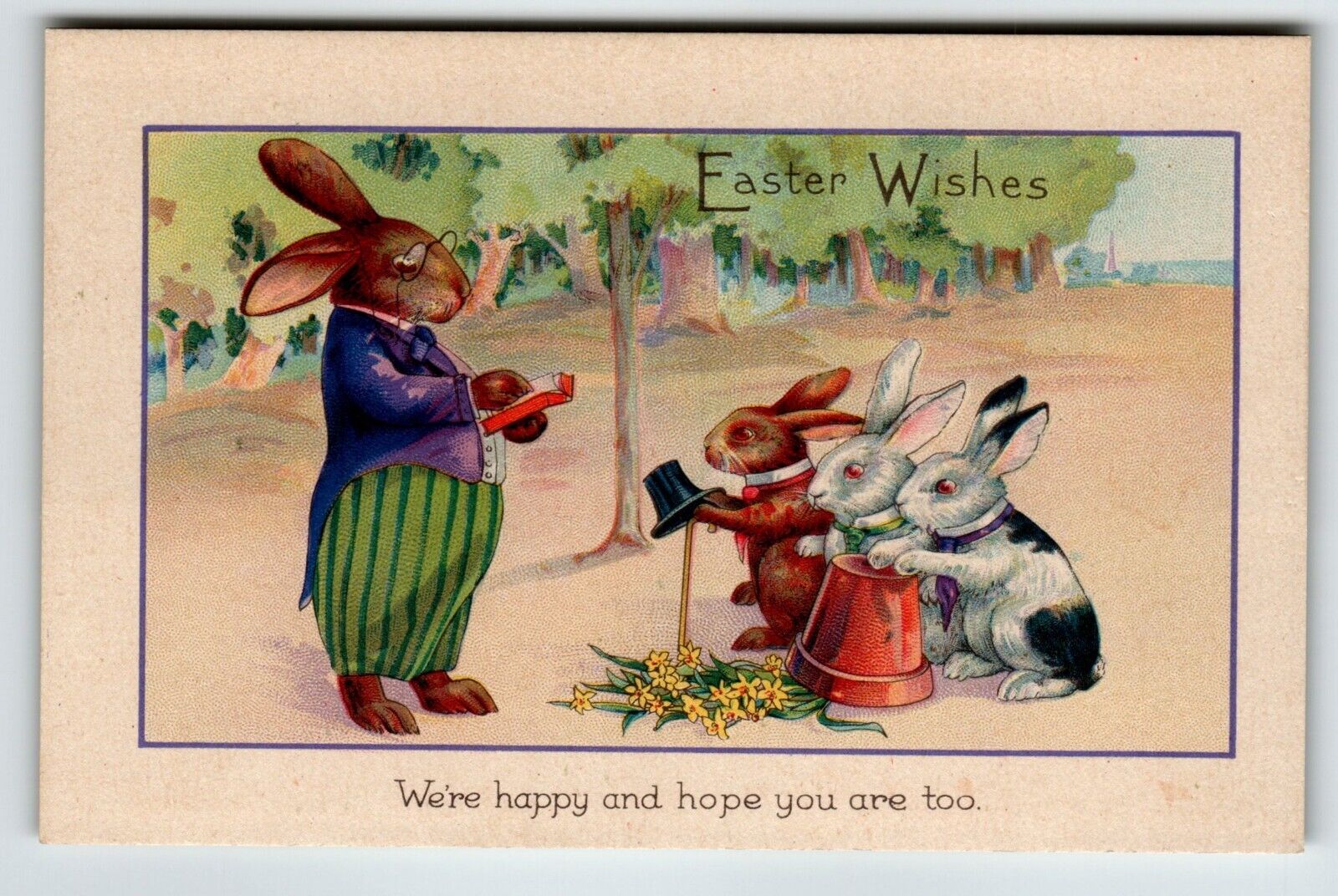 Easter Postcard Dressed Rabbits Fantasy Baby Bunnies With Hat ...