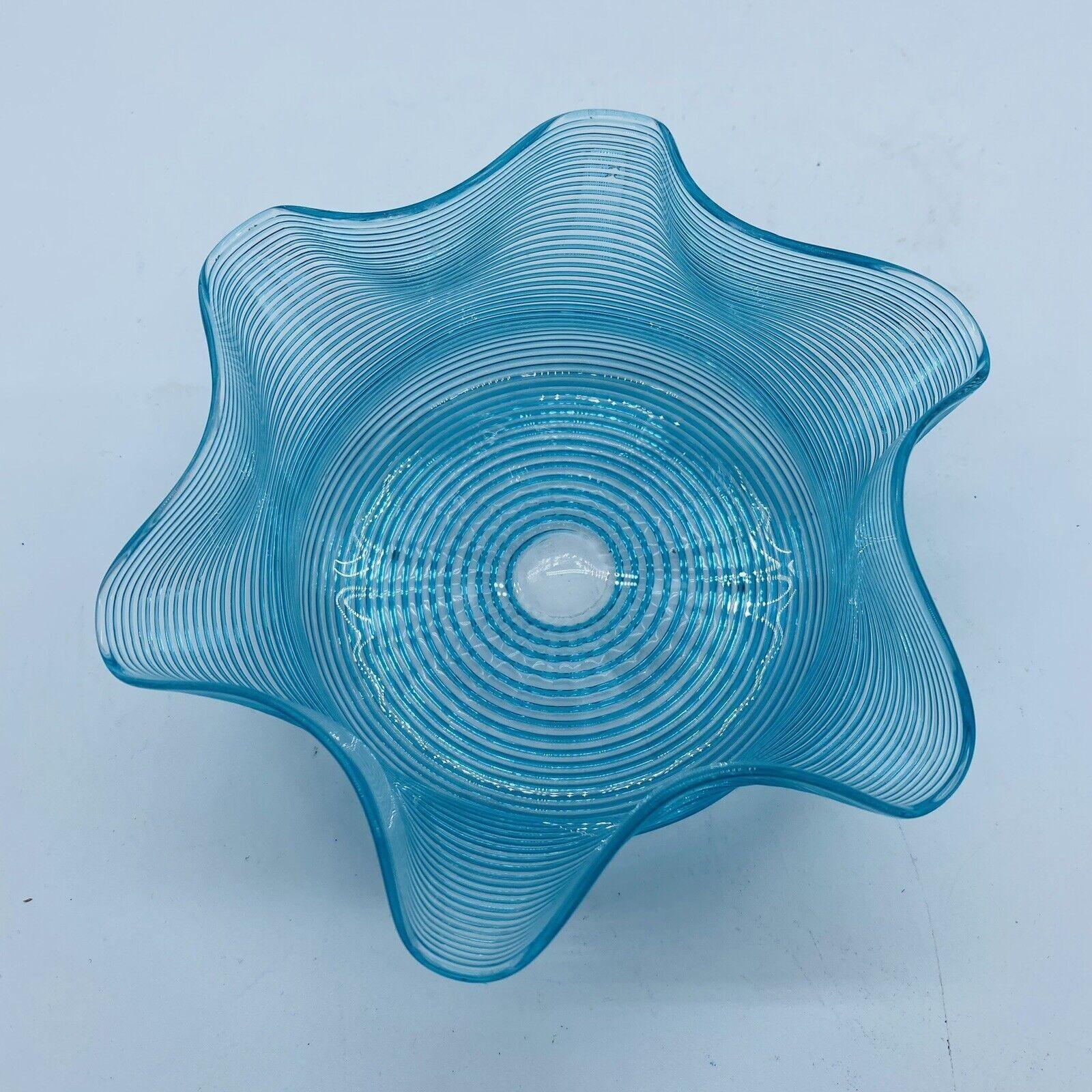 Single line spiral swirl Art Glass free form bowl teal blue Hand Made 1940s