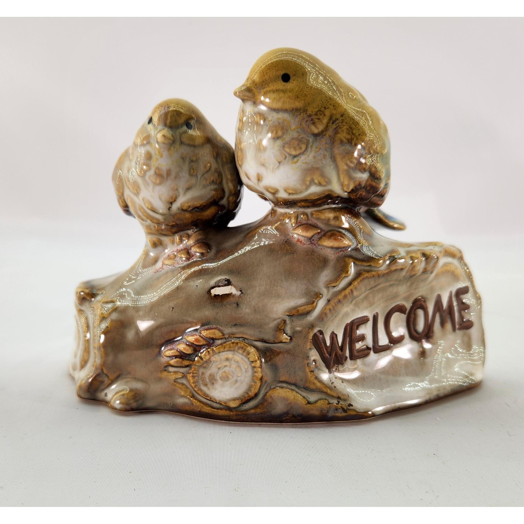 2 Birds On A Log Ceramic Welcome Figurine