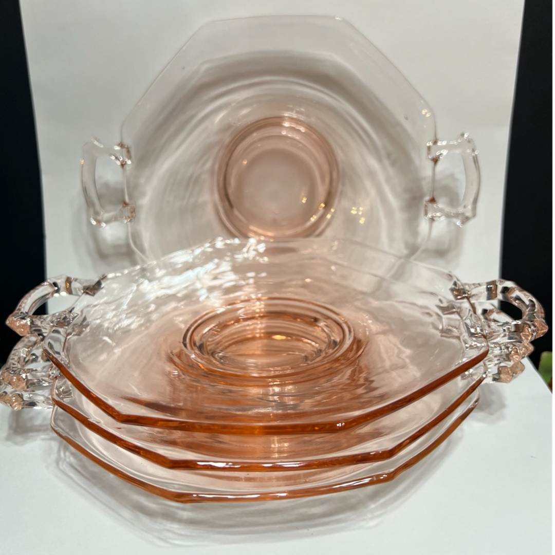 MARKDOWN! Pink Depression Glass Octagonal 2 Handled Plates Set Of 4, 7 ...