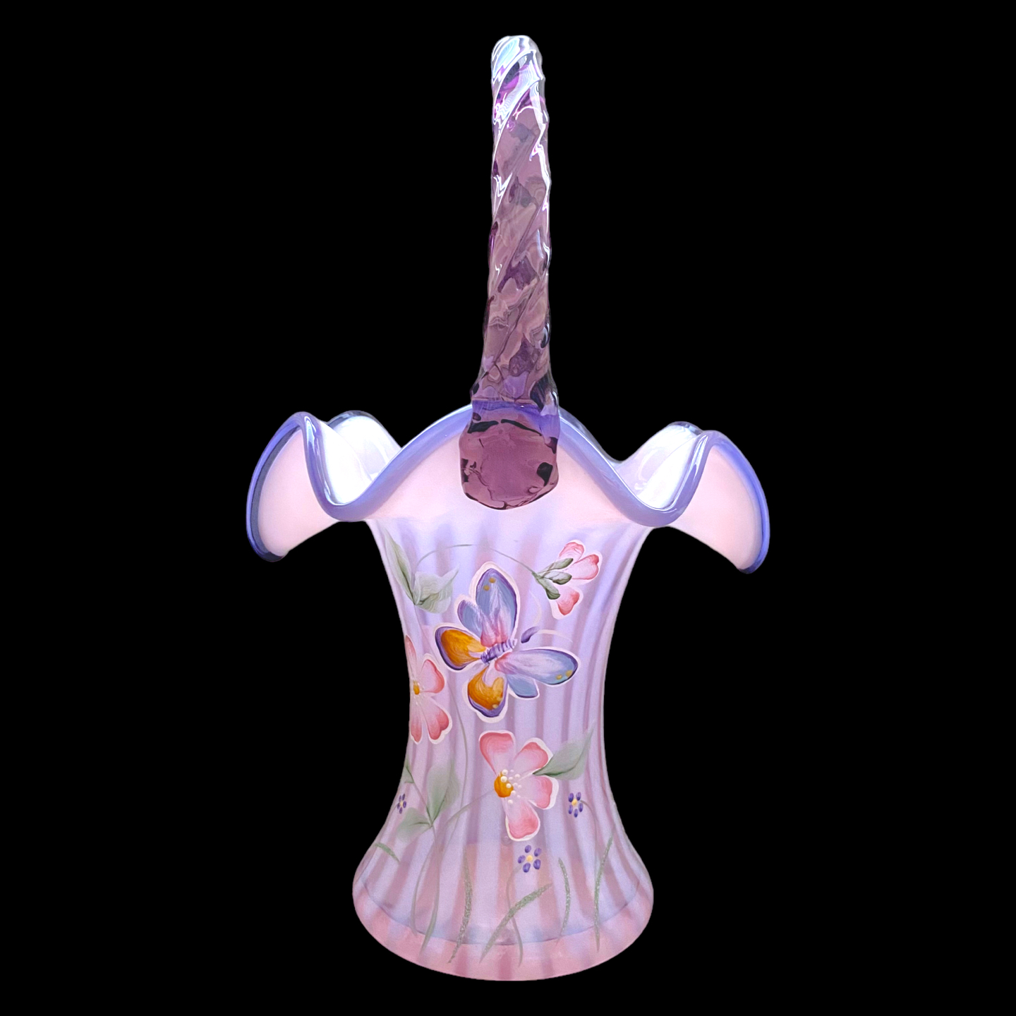 Fenton Pink Chiffon Opalescent Rib Optic Basket W/ Violet Crest/handle ...