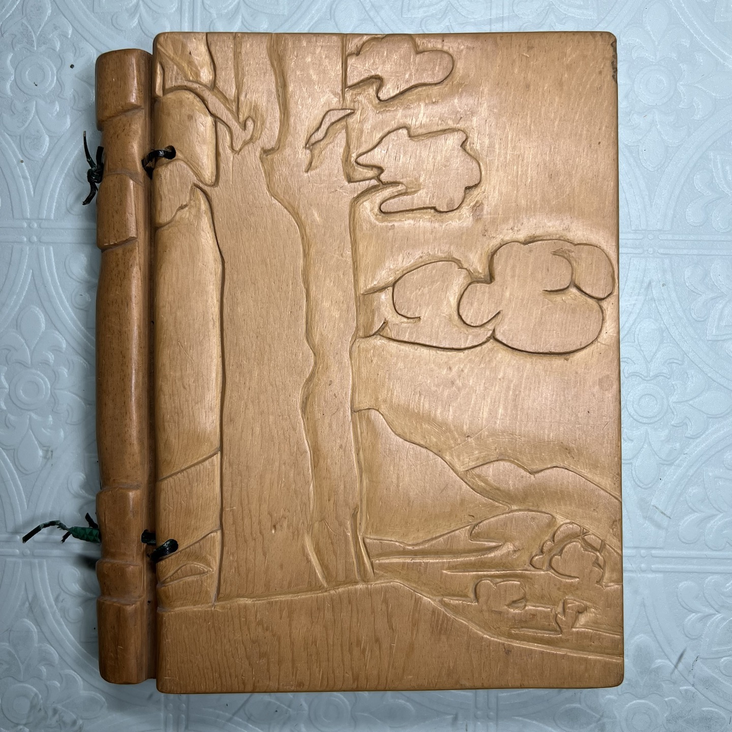 1940 Hand Carved Wooden Tree Book Cover and Spine