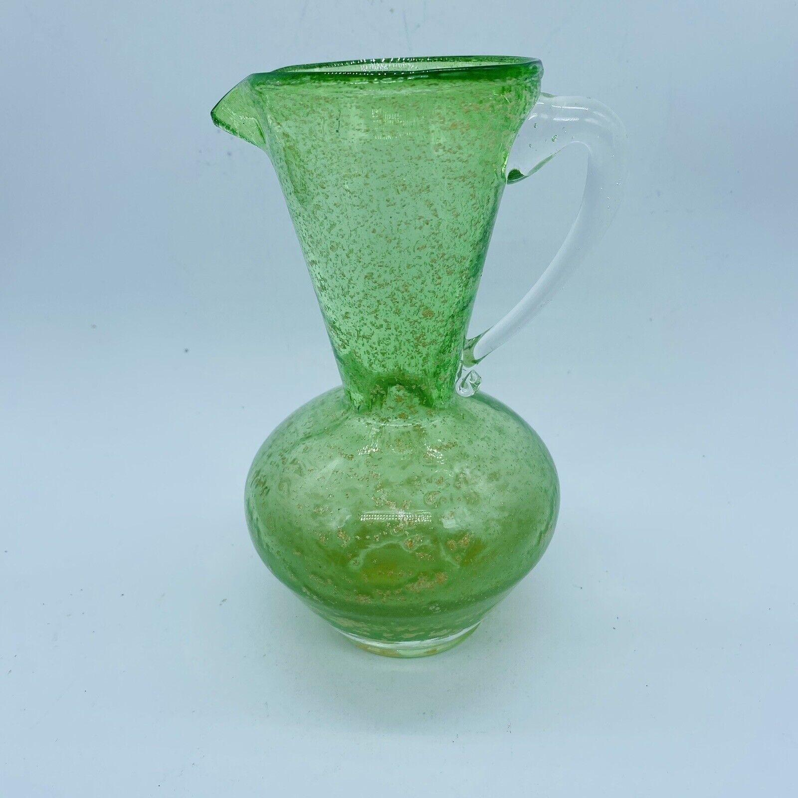 Vintage green art glass jug Gold Flake Oro clear handle pitcher