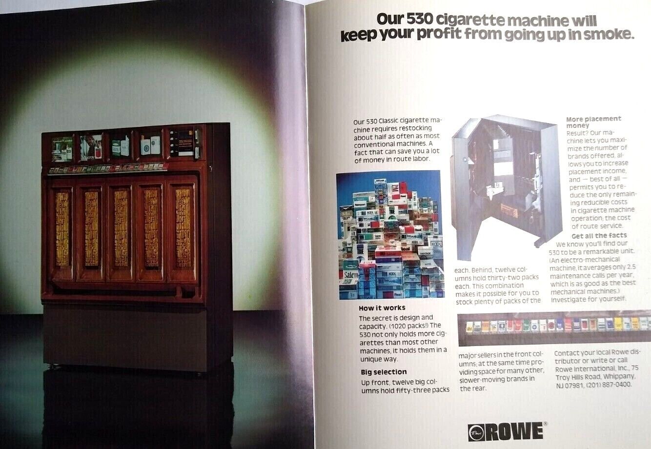 Rowe Vending Machine Flyer Model 530 Cigarettes Vintage 8.5" x 11" Foldout