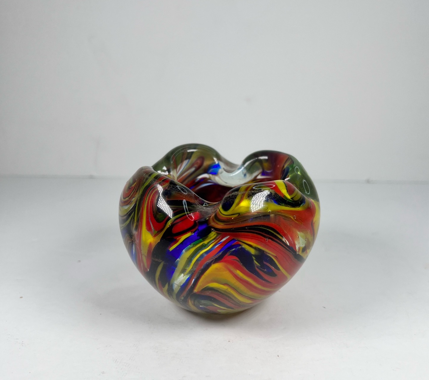 Multiple Colored Swirled Hand Blown Art Glass Pinch Bowl/Vase