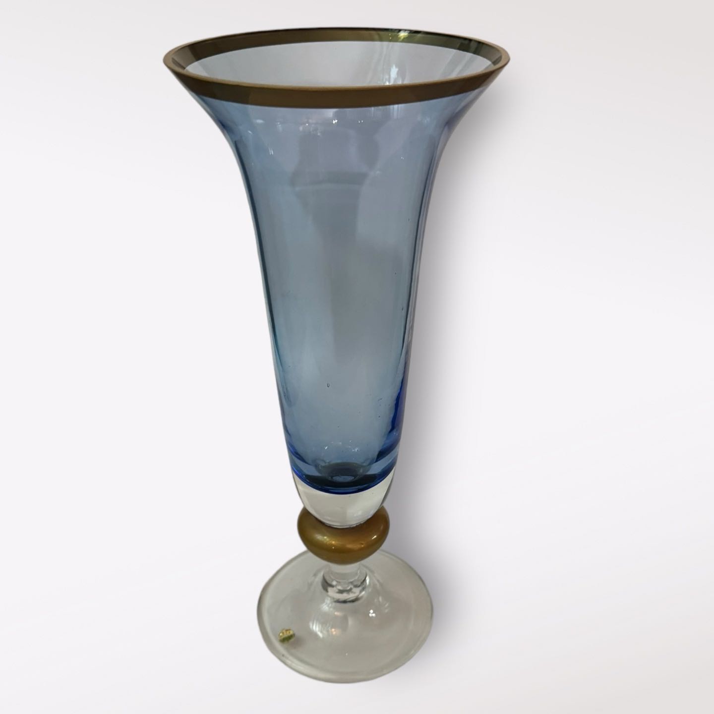 Vase Blue Glass Modernist Style With Gold Rim And Base