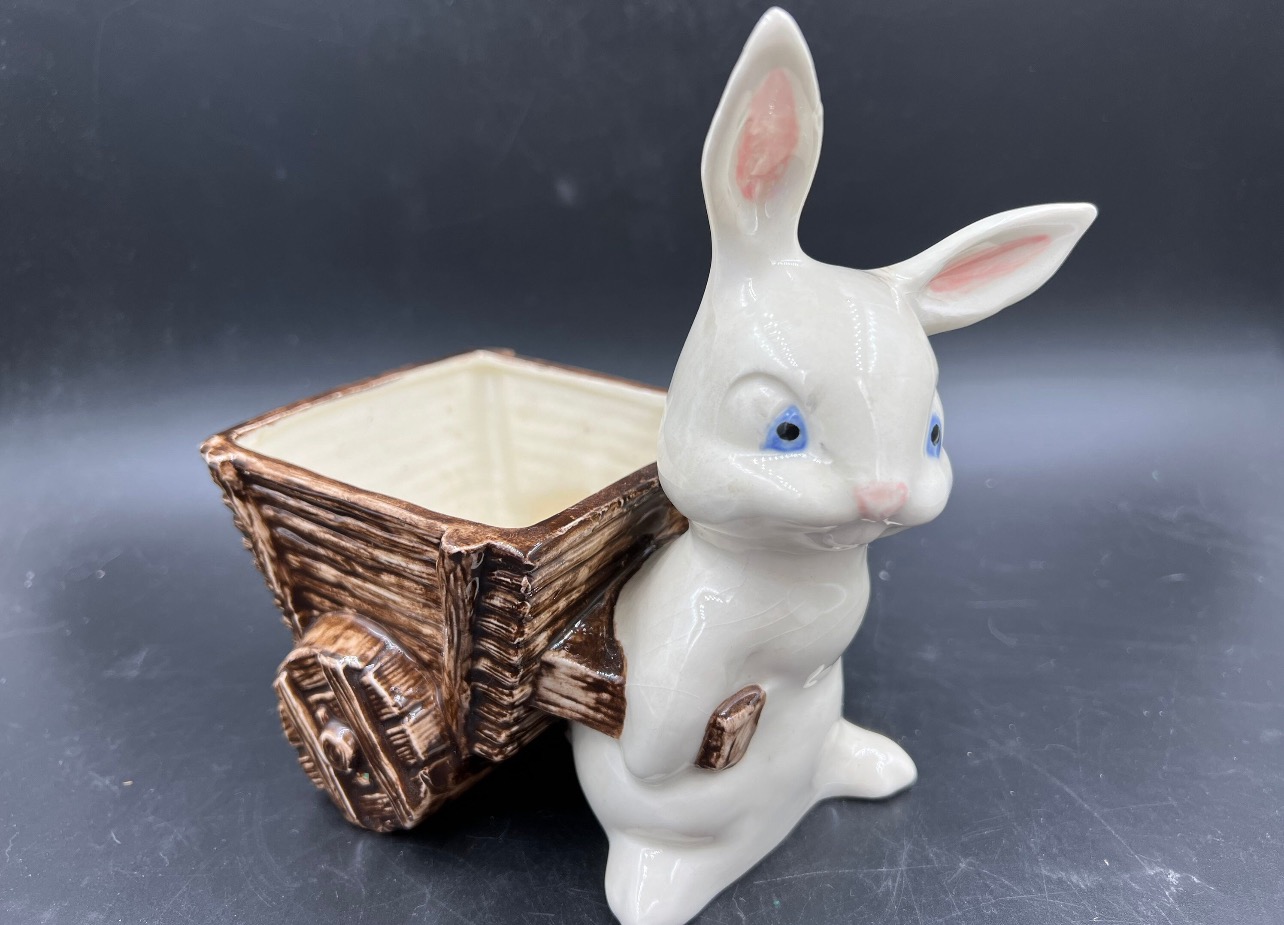 Bunny Rabbit Pulling Cart Planter Ceramic Vintage Hand Painted