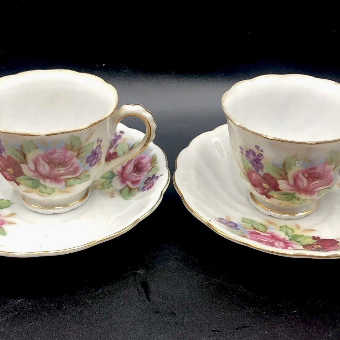Vintage Fern Rose Flowers Porcelain 2 Demitasse Cups And Saucers Roses