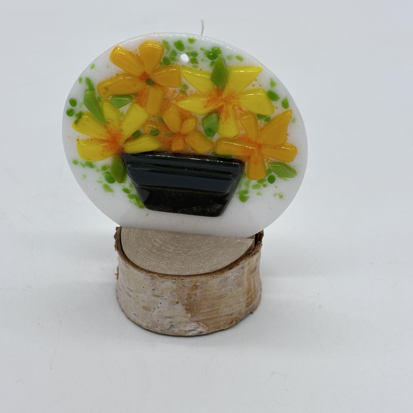 Studio M Fused Art Glass Medallion Ornament Yellow Orange Flower With Base