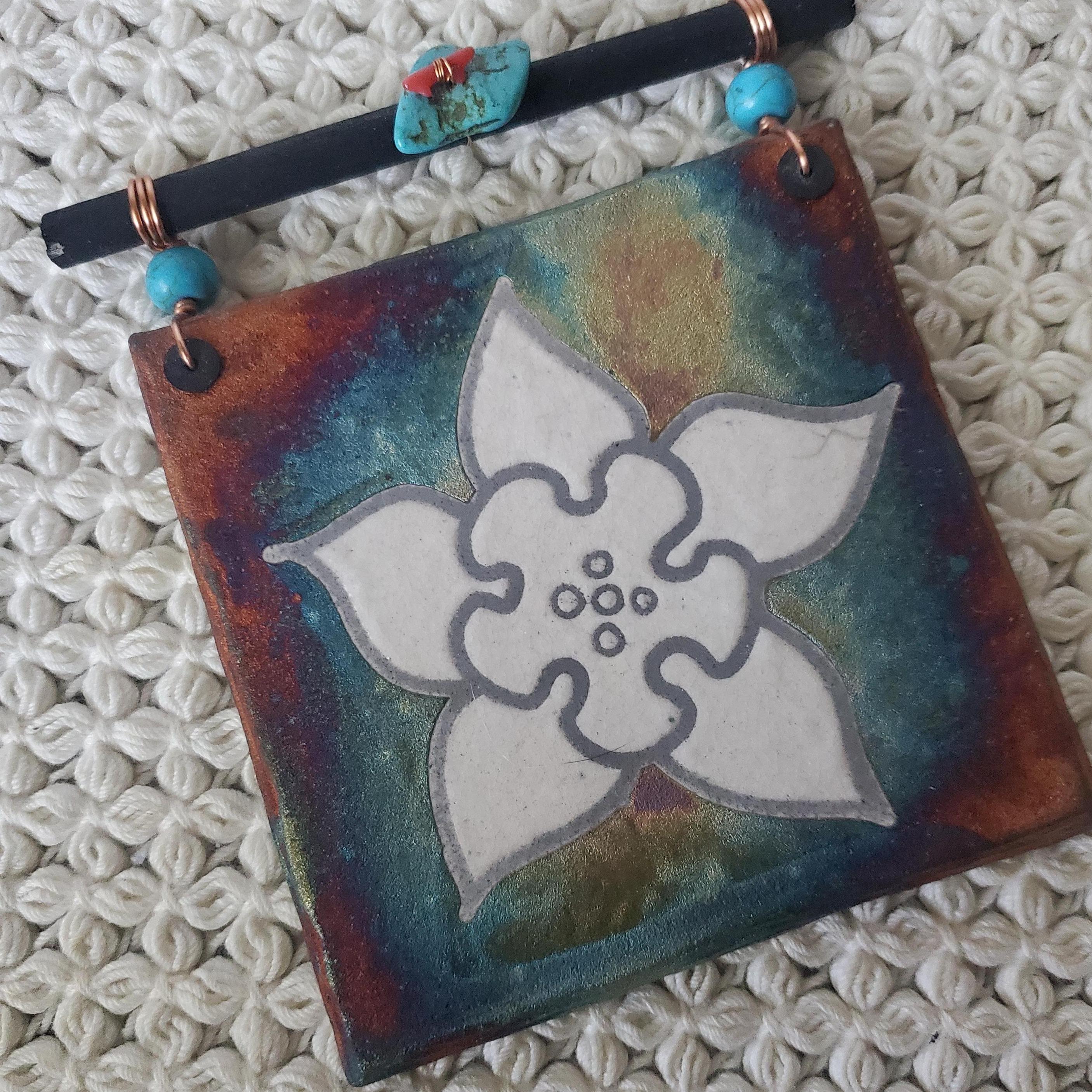 Raku Potteryworks Tile Wall Art Signed J. Diller Turquoise Accents