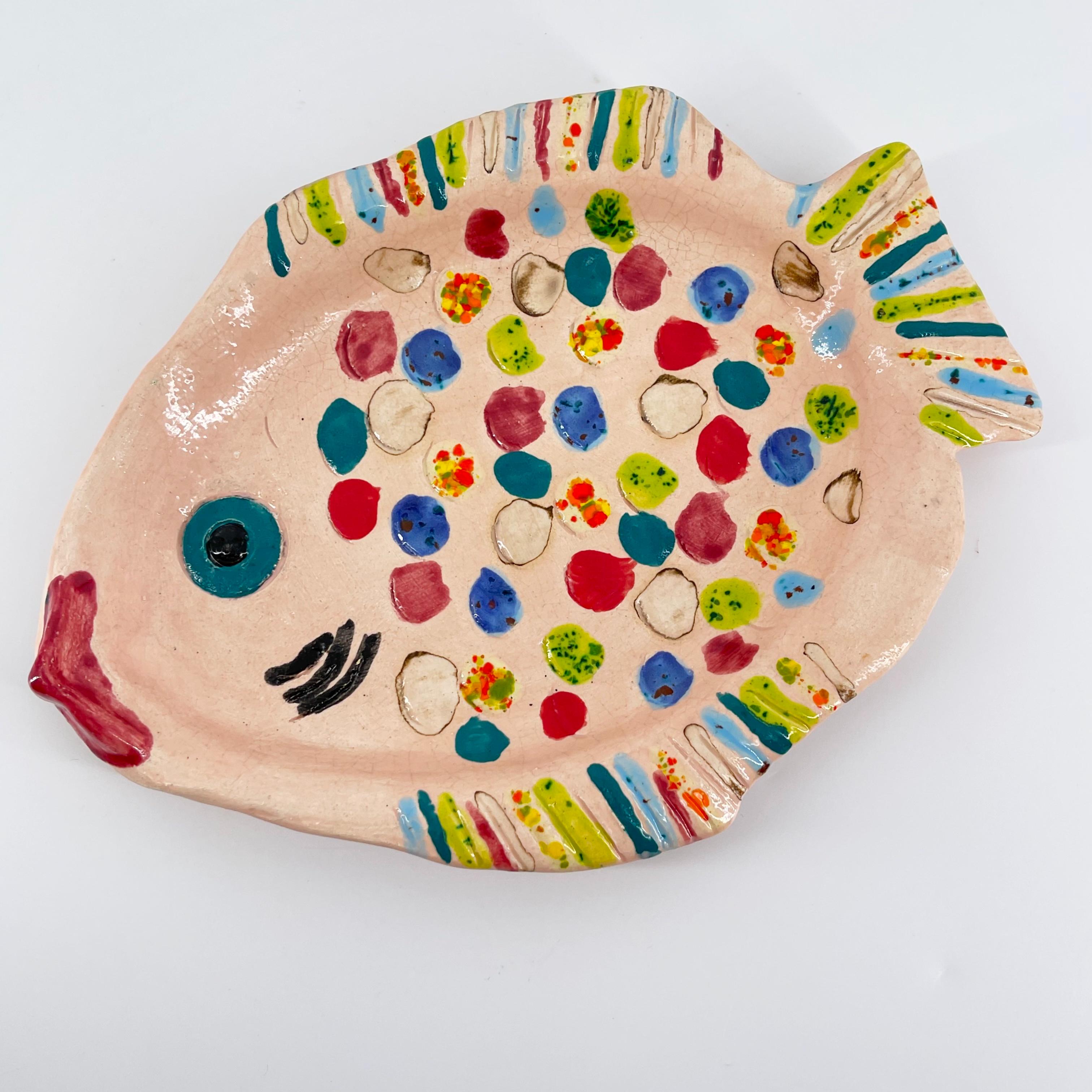 Unique Fish Shaped Art Pottery 10.5” Platter Etched Hand Painted Plate Dish