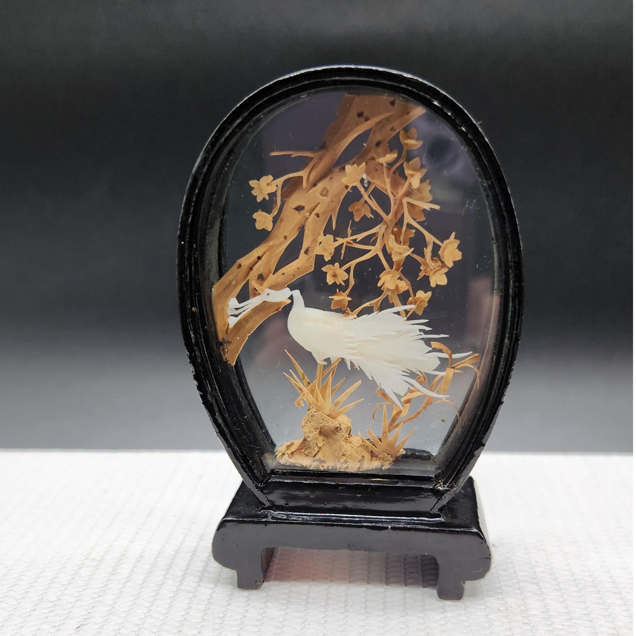 Vintage Asian Cork Diorama Glass Cased Cranes Oval Shape