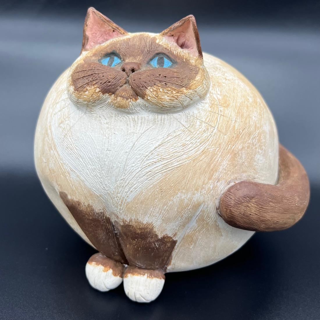 Siamese or Snowshoe Fat Cat Piggy Bank Signed Handmade Art Pottery Blue ...