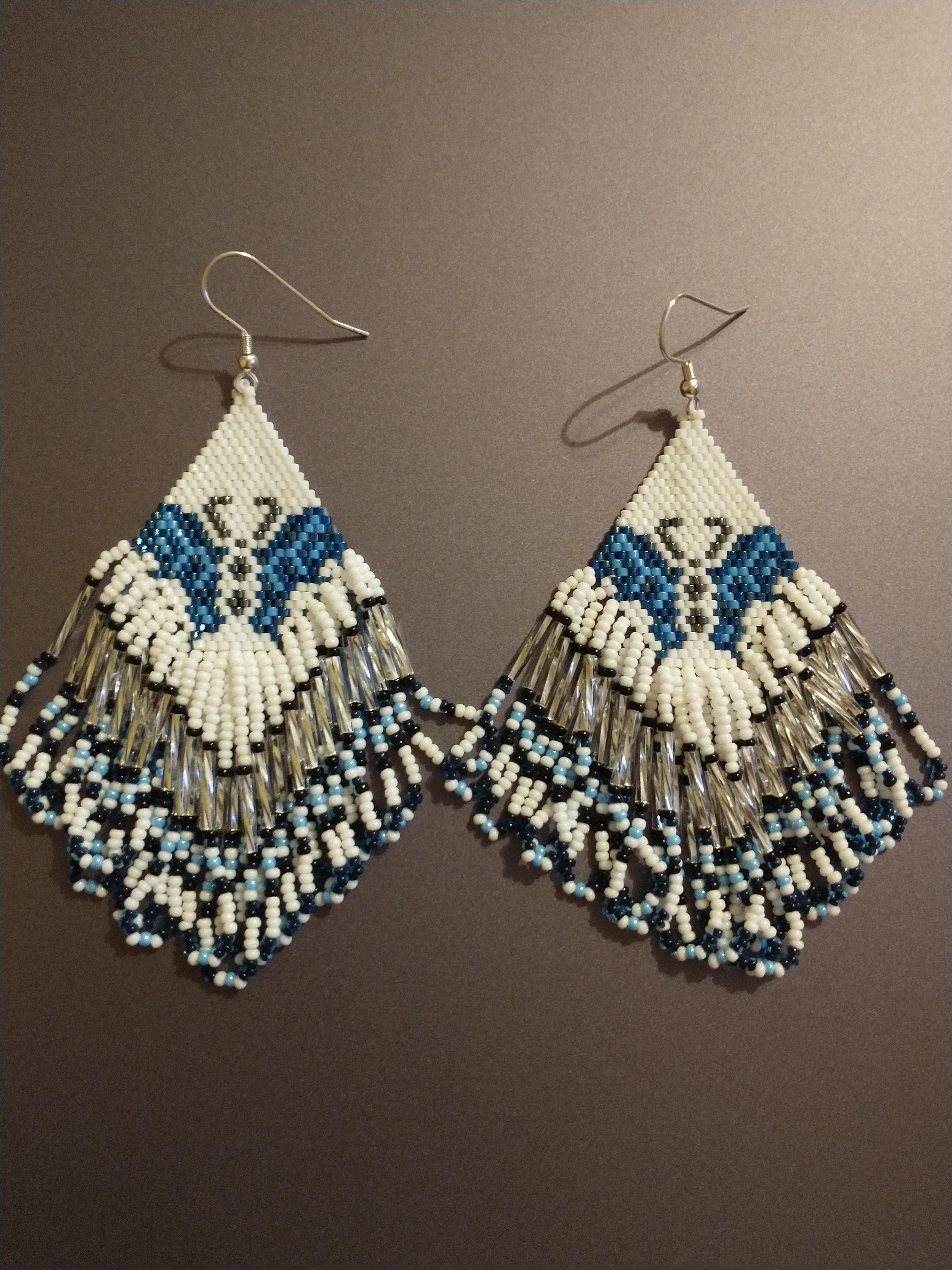 Handcrafted Beaded Butterfly Earrings Blue and White
