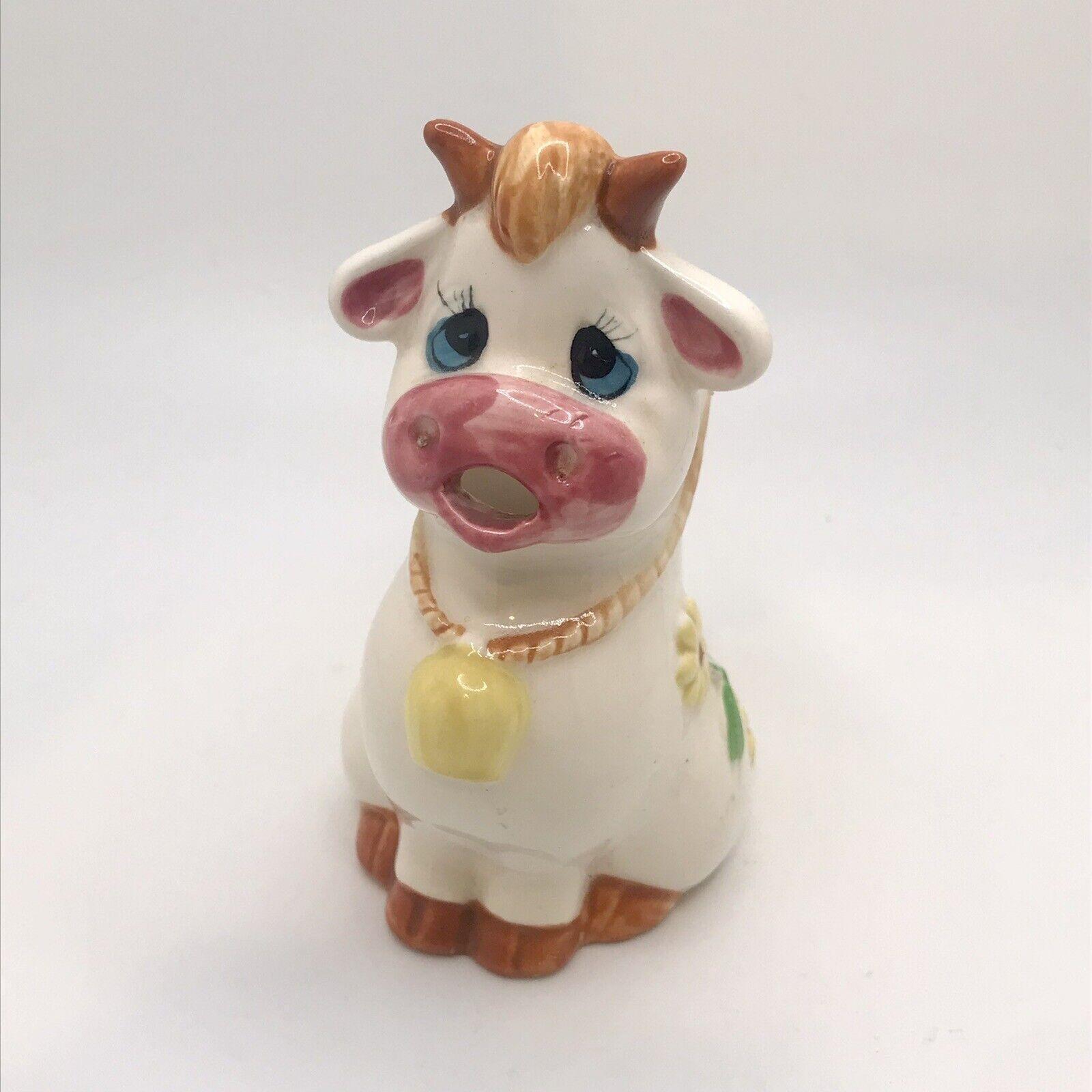 Vintage Ceramic JAPAN Cow Creamer with Daisies & Yellow Bell 4.5"