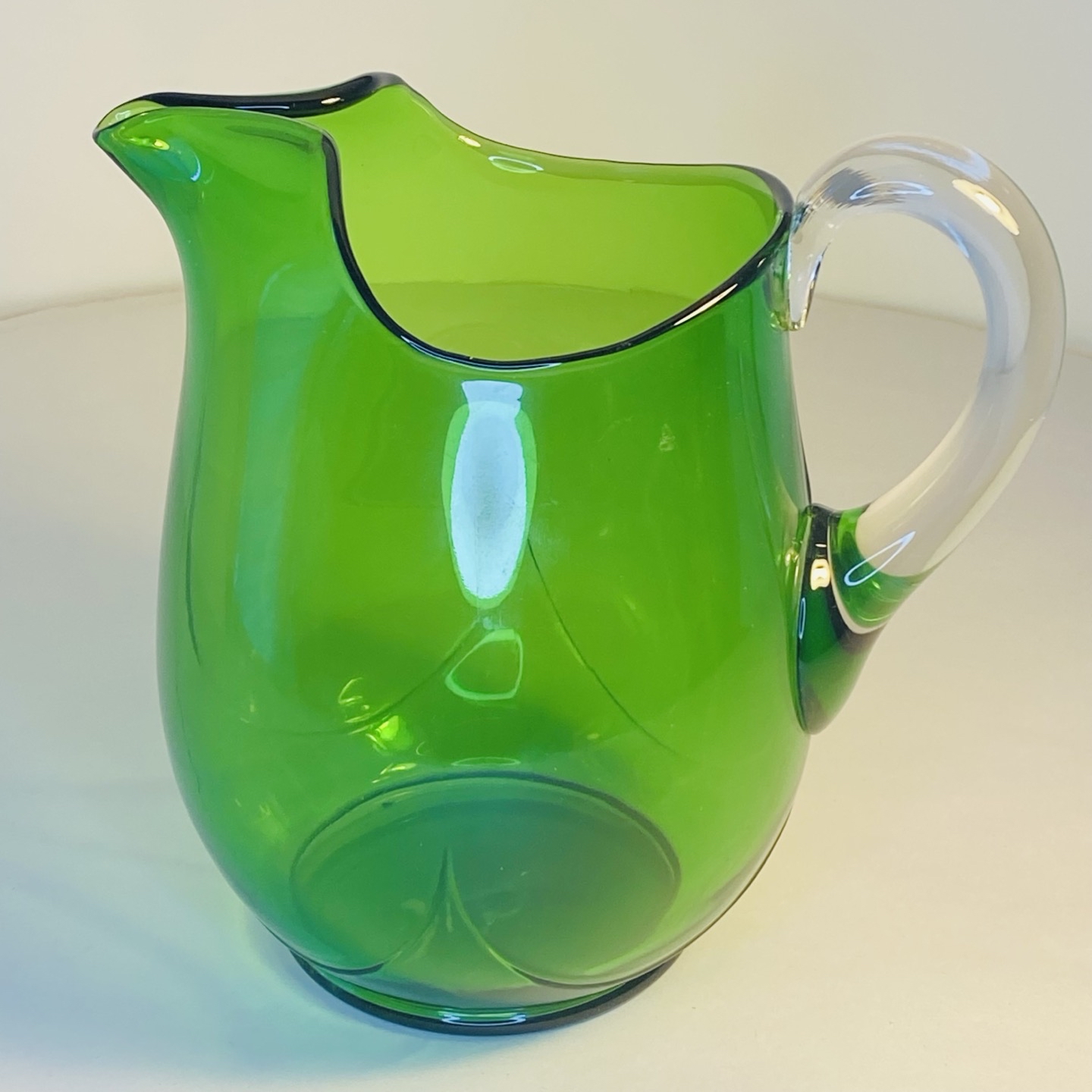Large Vintage Green Glass Juice Pitcher Water Jug Clear Applied Handle