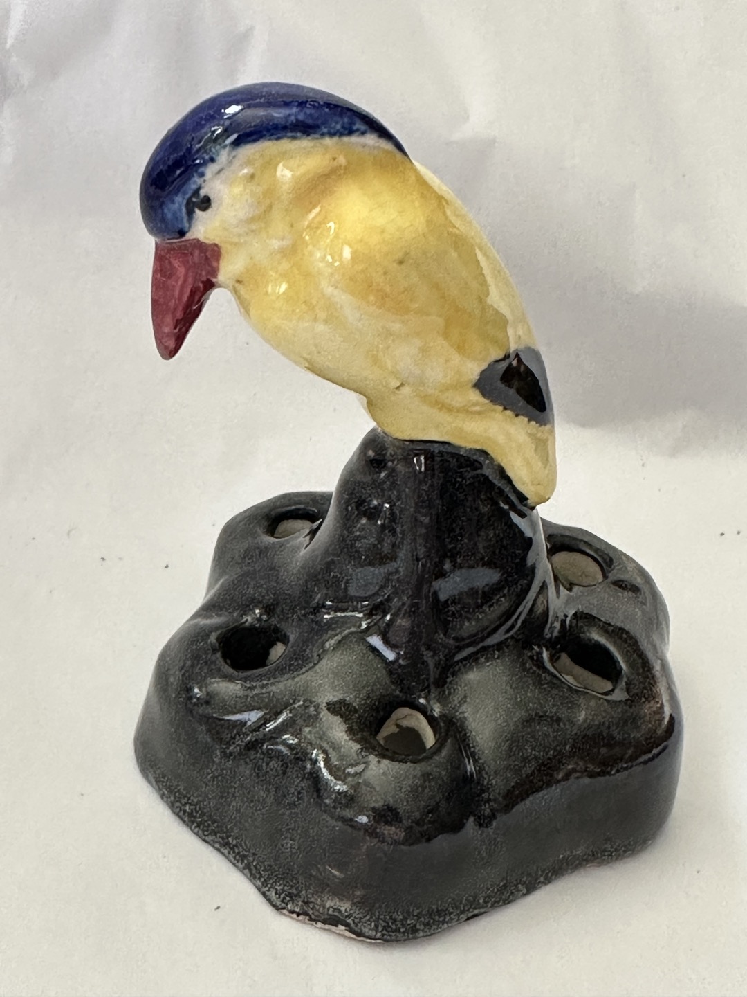 Art Deco Majolica Pottery Flower Frog Bird