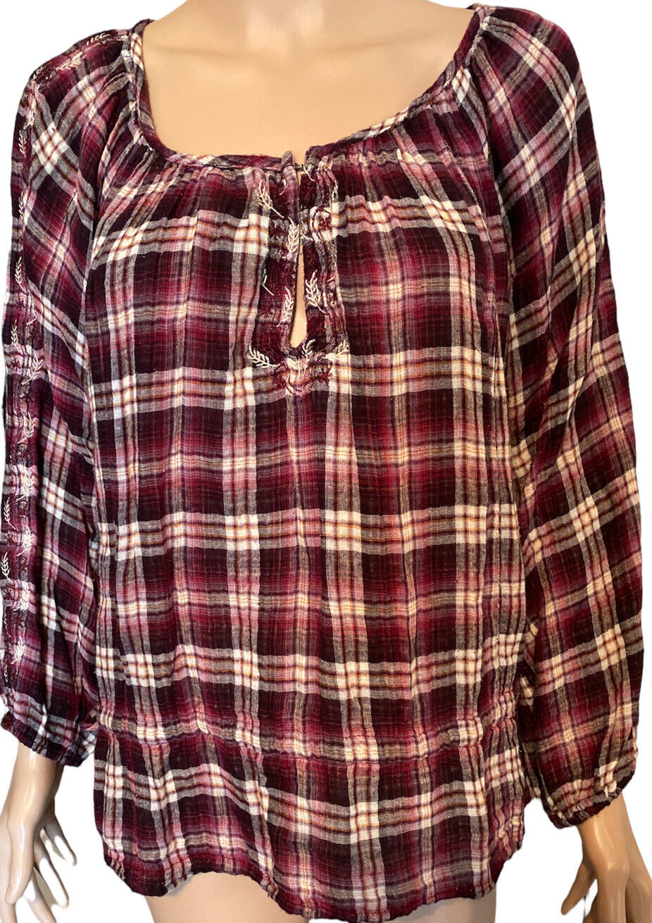 American Rag Womens Maroon Plaid Boho Peasant Top Embroidered Flannel ...