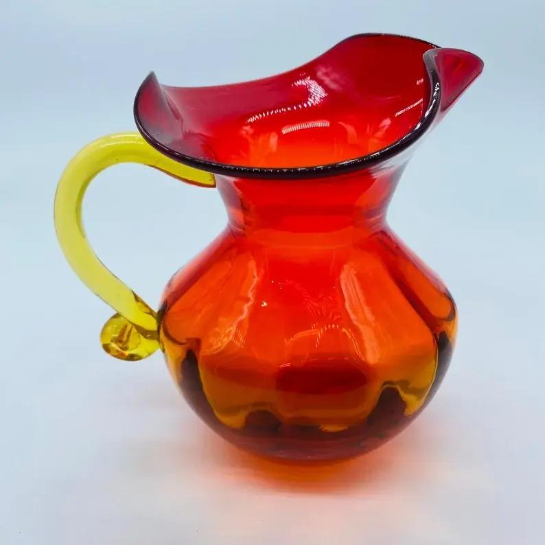 Amberina Hand Blown Art Glass Wide Top Pitcher Red Yellow Scroll Handle