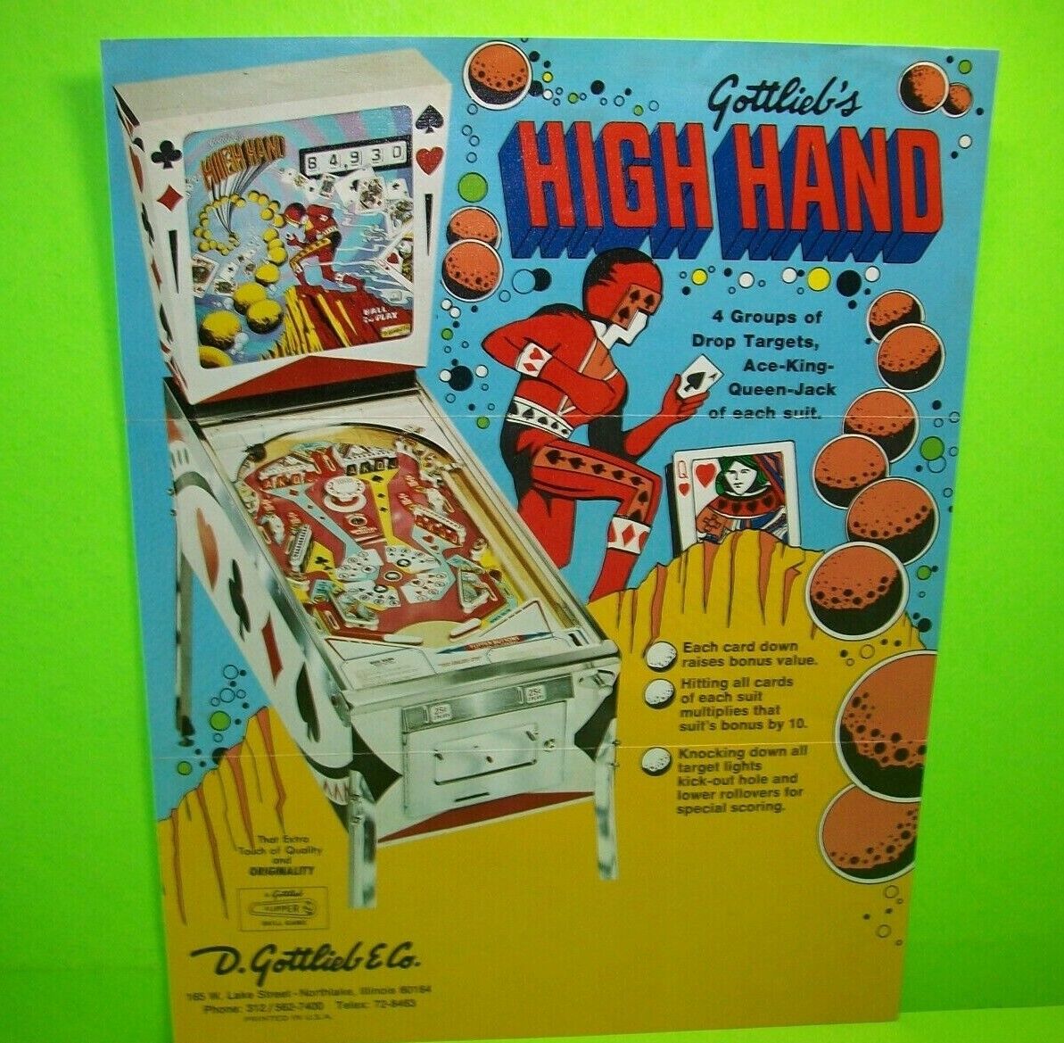 High Hand Pinball Machine Flyer Original 1973 Vintage Retro Game ...