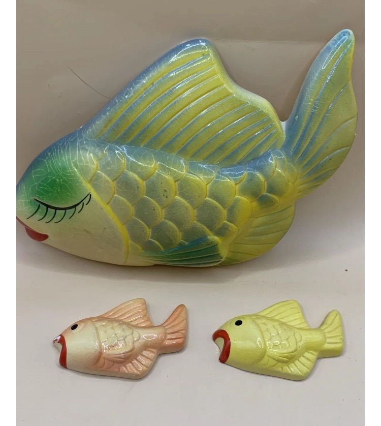 3-Anthropomorphic Fish Chalkware Wall Art Vintage