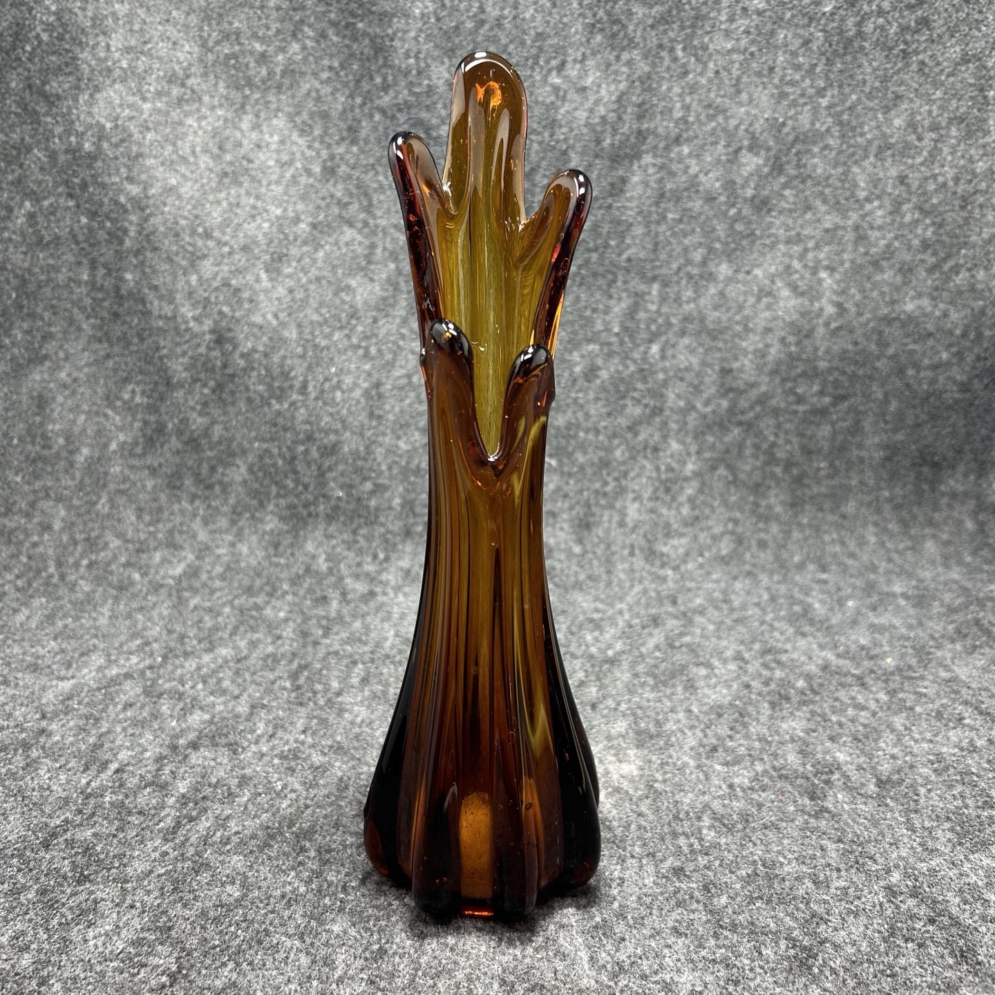 8 Pedal Five Finger Amber Swung Art Glass Vase