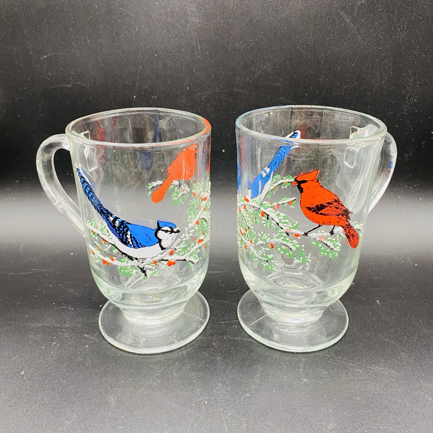 Pair Vintage Back to Nature Glass Footed Mugs Cardinals Bluejays ...