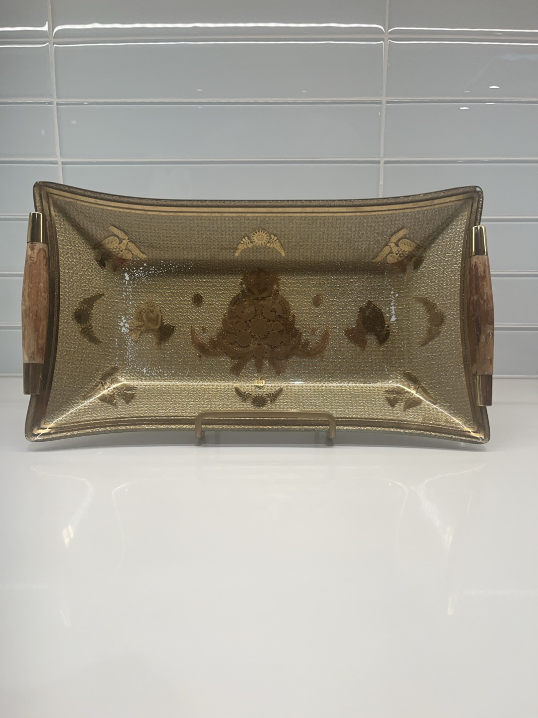 AS-IS George Briard MCM Glass Tray With Wooden Handles, Gold Accents ...