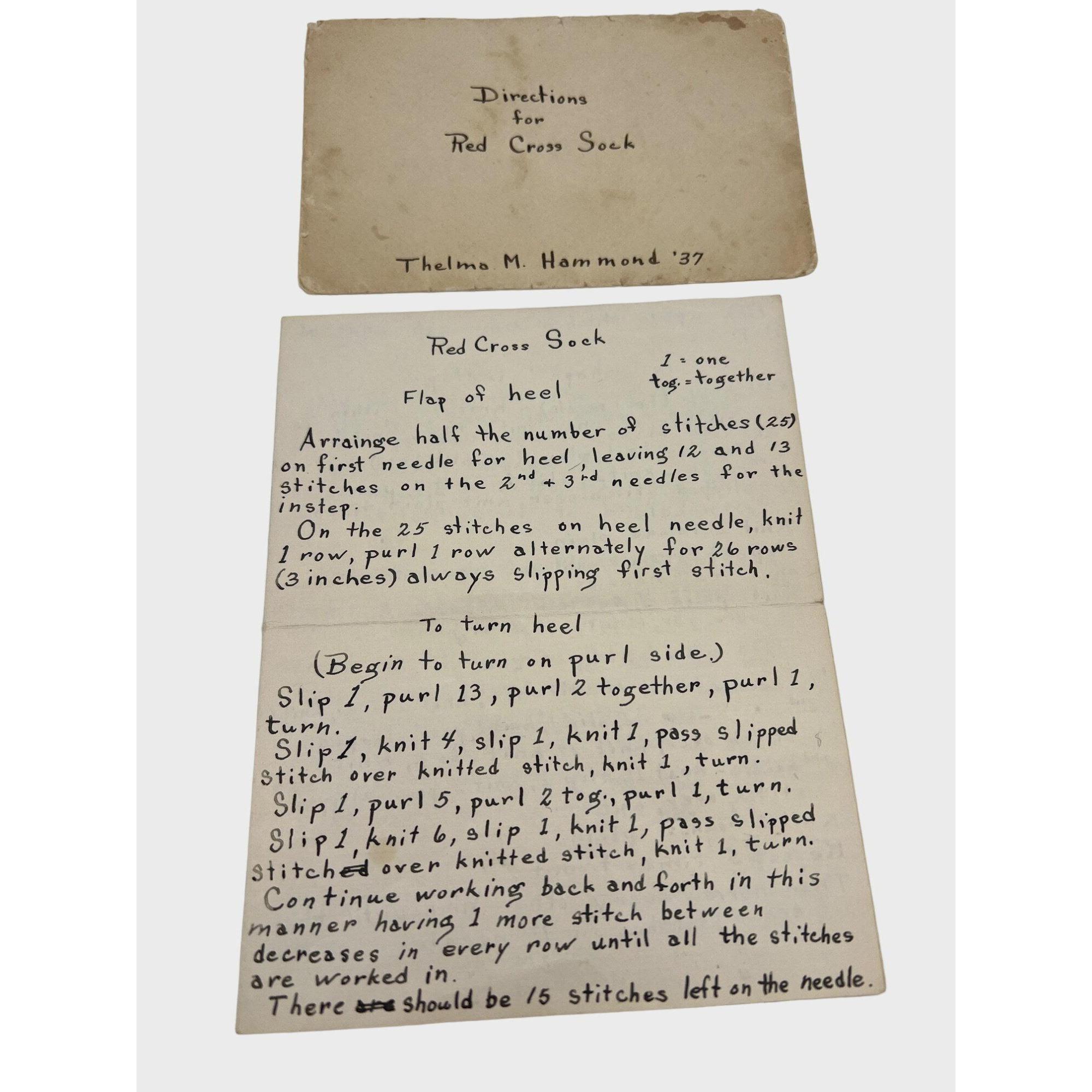 Vintage 1937 Handwritten Instructions For Making Red Cross Sock War ...