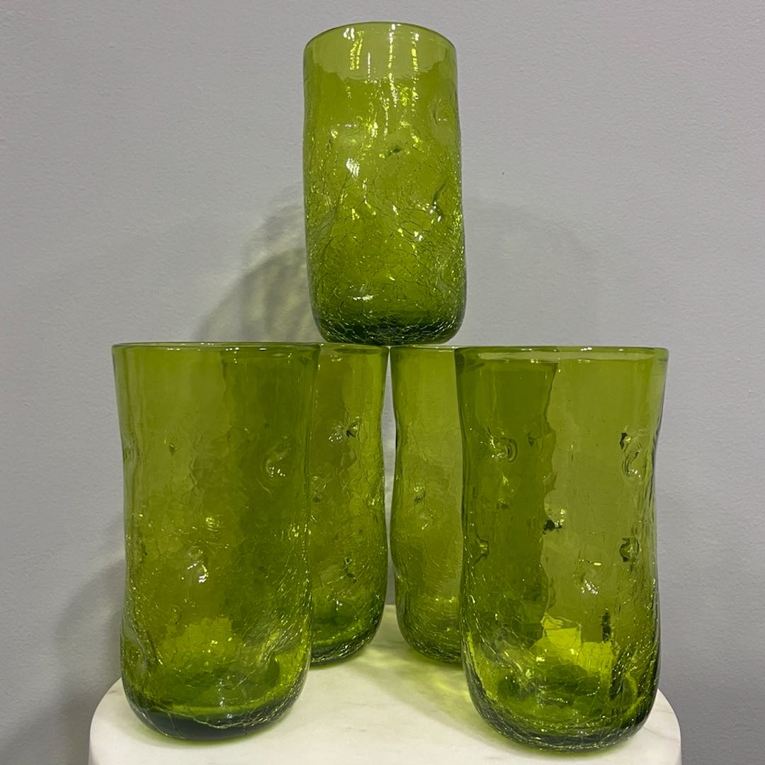 Set of 5 Vintage Blenko Green Pinched Dimple Crackle Glass Drinking ...