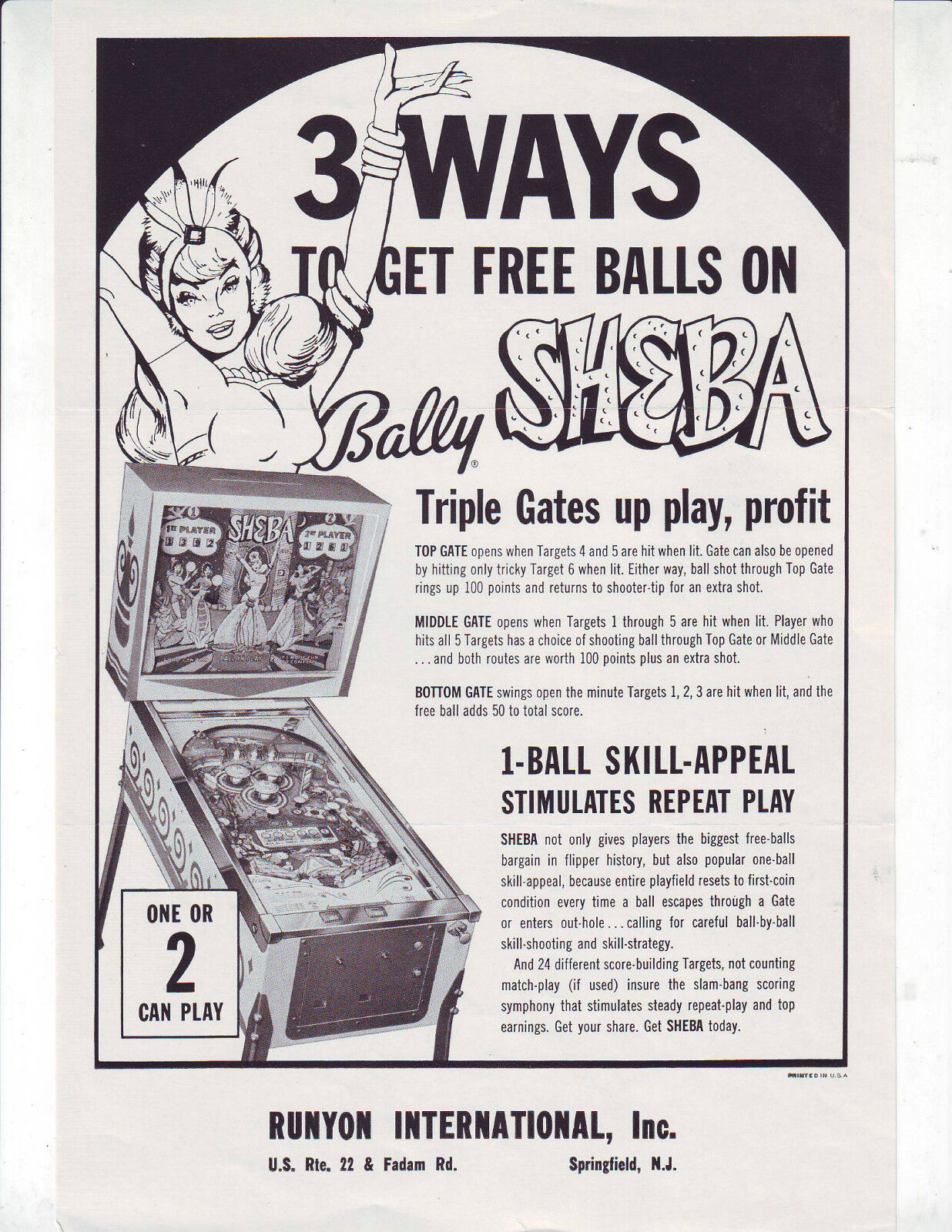 SHEBA ORIGINAL PINBALL MACHINE FLYER 1964 Vintage Retro Artwork Promo