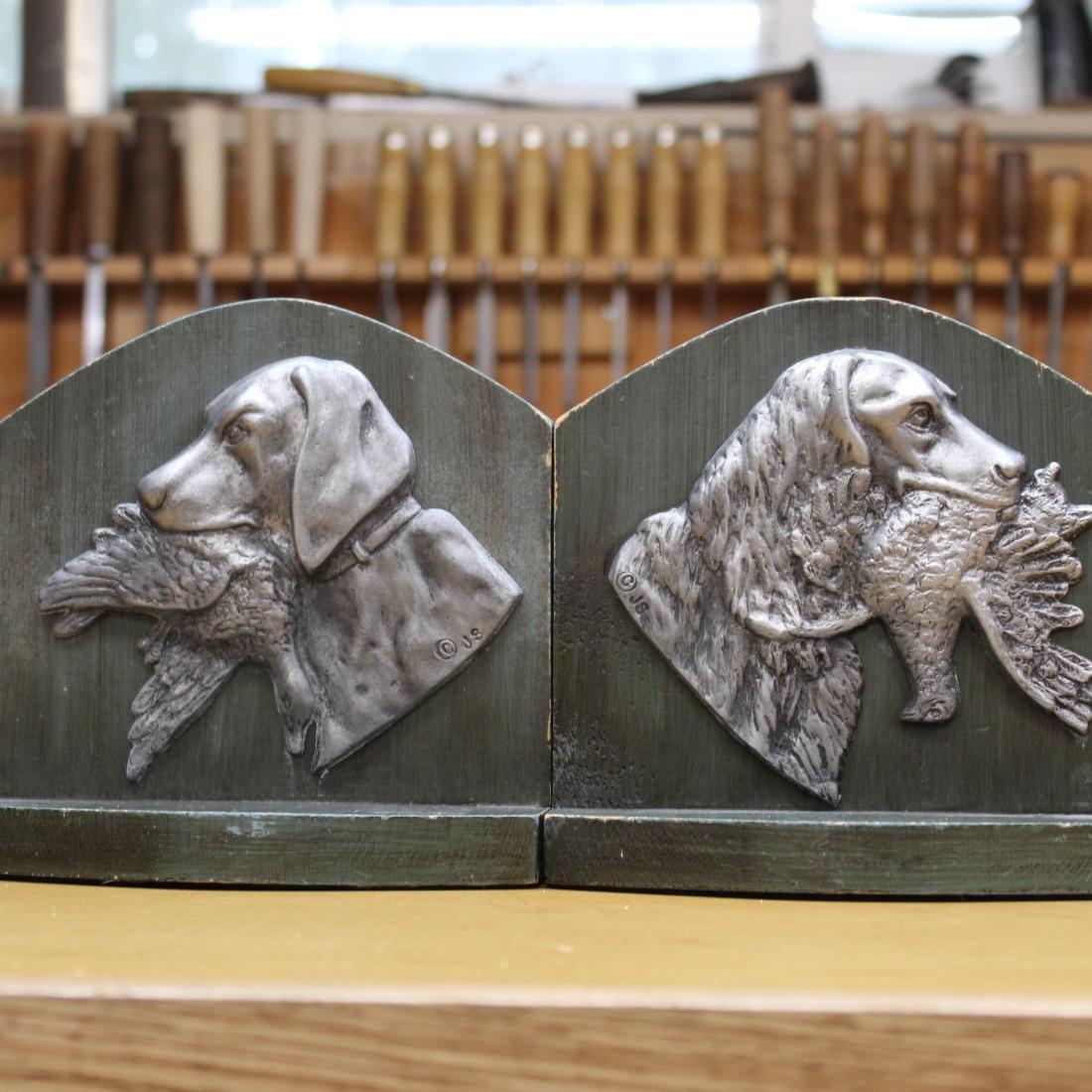 Vintage 1966 Jitka Schaffer Wood Pewter 3D Bookends Dog Bird