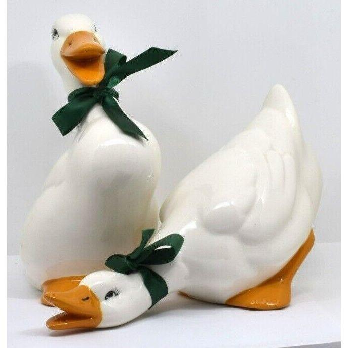 Vintage 2 Ceramic Ducks with Green Ribbons