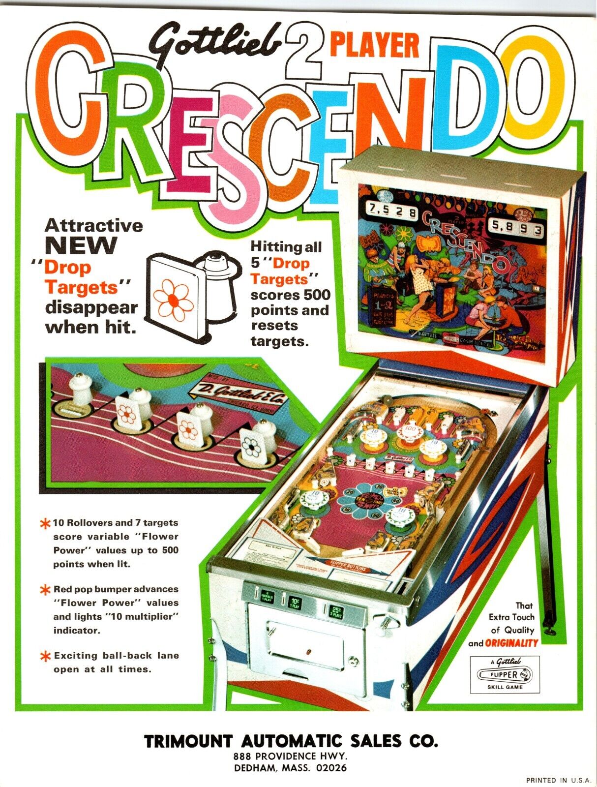 Crescendo Pinball FLYER Original 1970 Groovy Retro Game Art 8.5" x 11" Mod