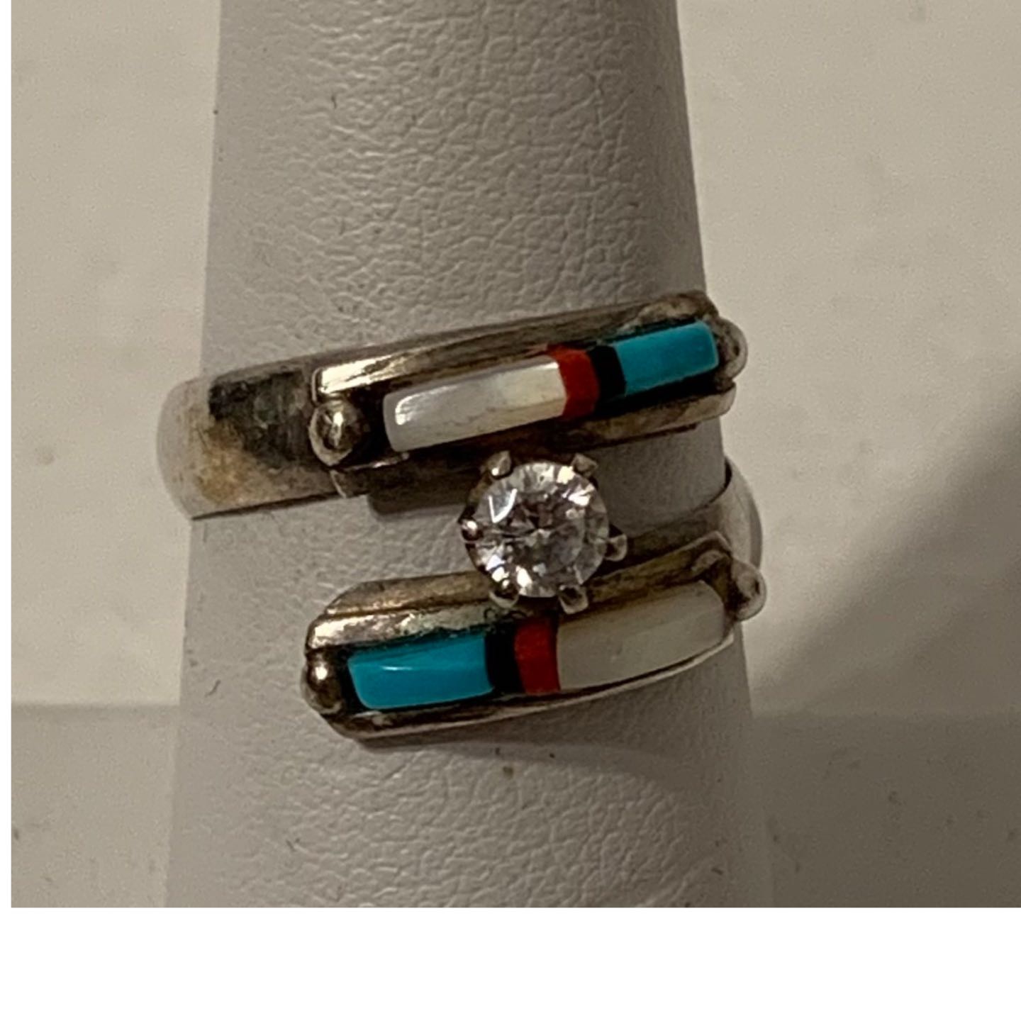 Vintage Native American Artisanal “HT” Signed Sterling Multi Stone Ring