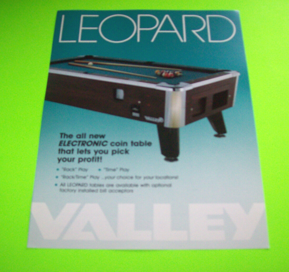 VALLEY LEOPARD POOL TABLE NOS ORIGINAL SALES FLYER ADVERTISING Vintage ...