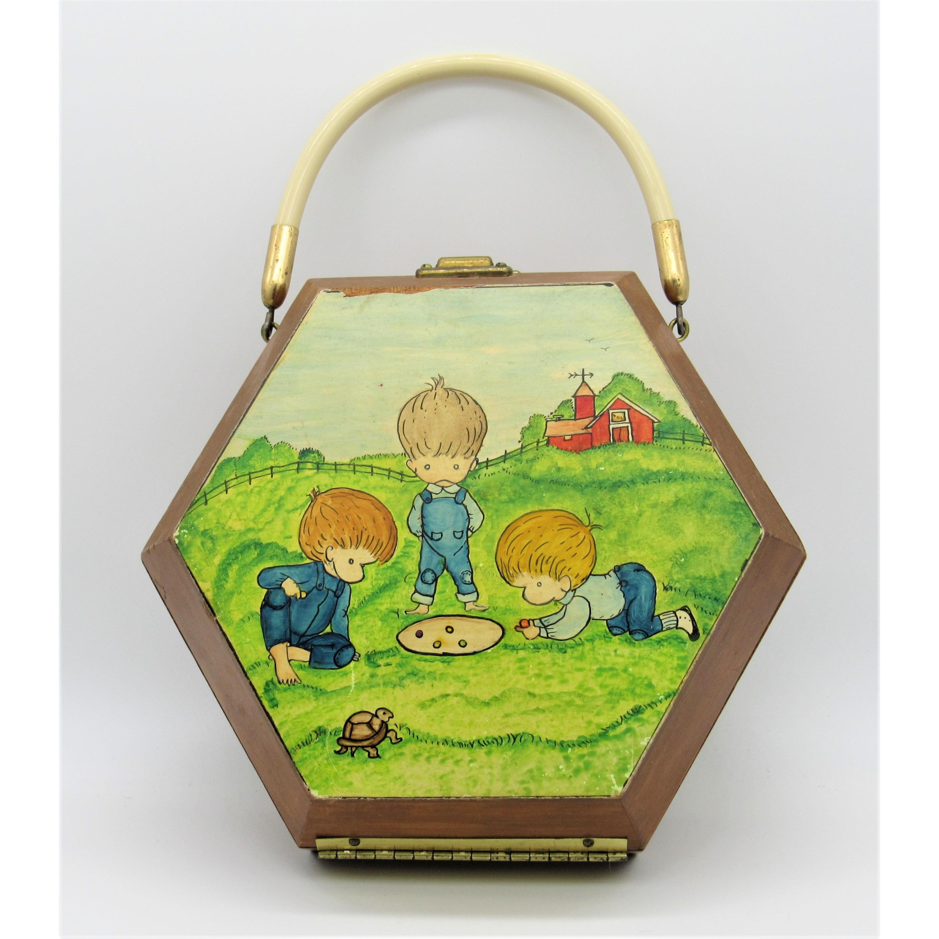 Vintage Decoupaged Wooden Purse with Artwork by Joan Walsh Anglund