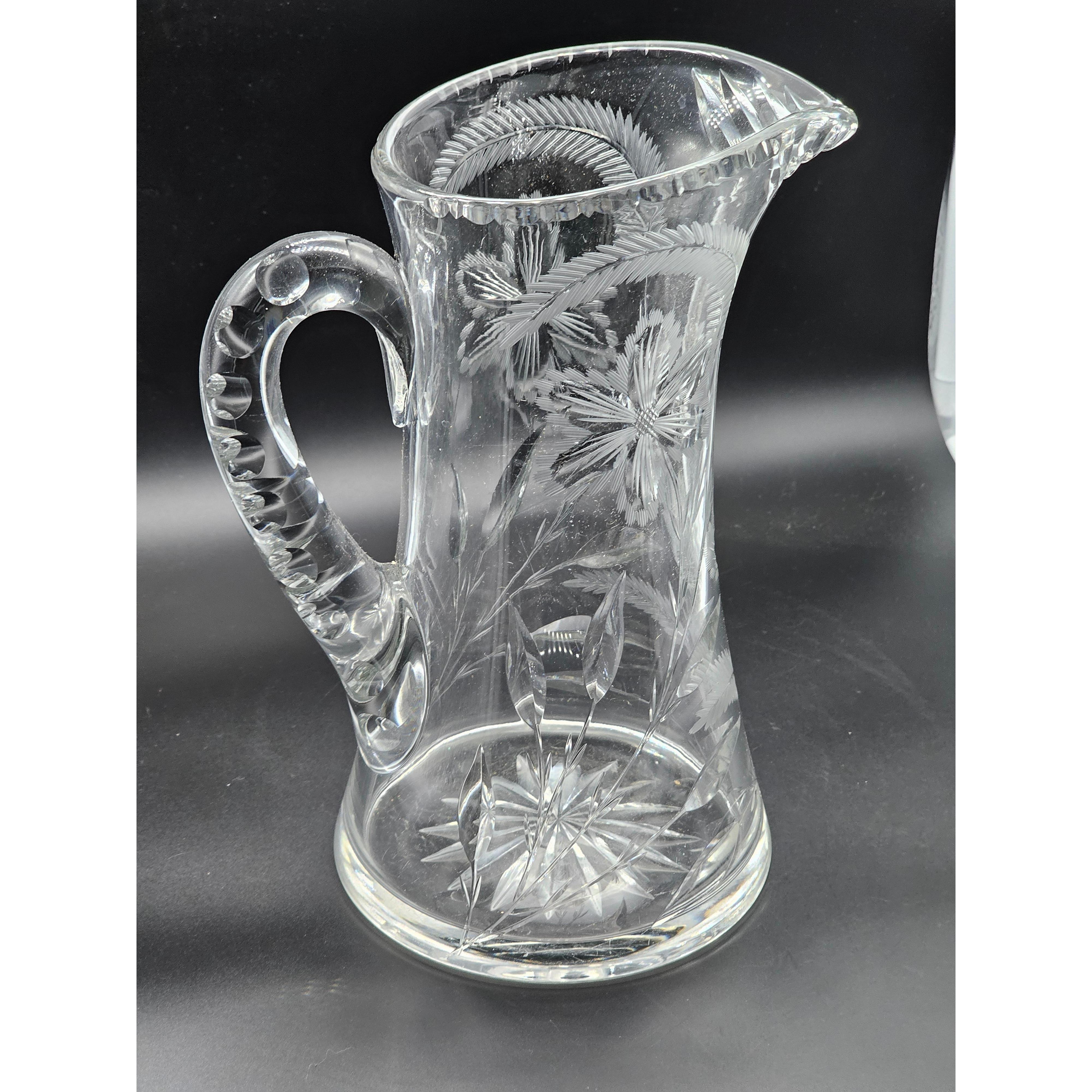 Clear Etched Cut Glass Pitcher Vase Floral Design Thumbprint Handle