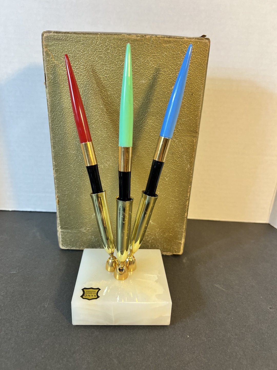 Vintage MCM Genuine Onyx TRIPLE Pen Desk Set Gift Set Colorful Original ...