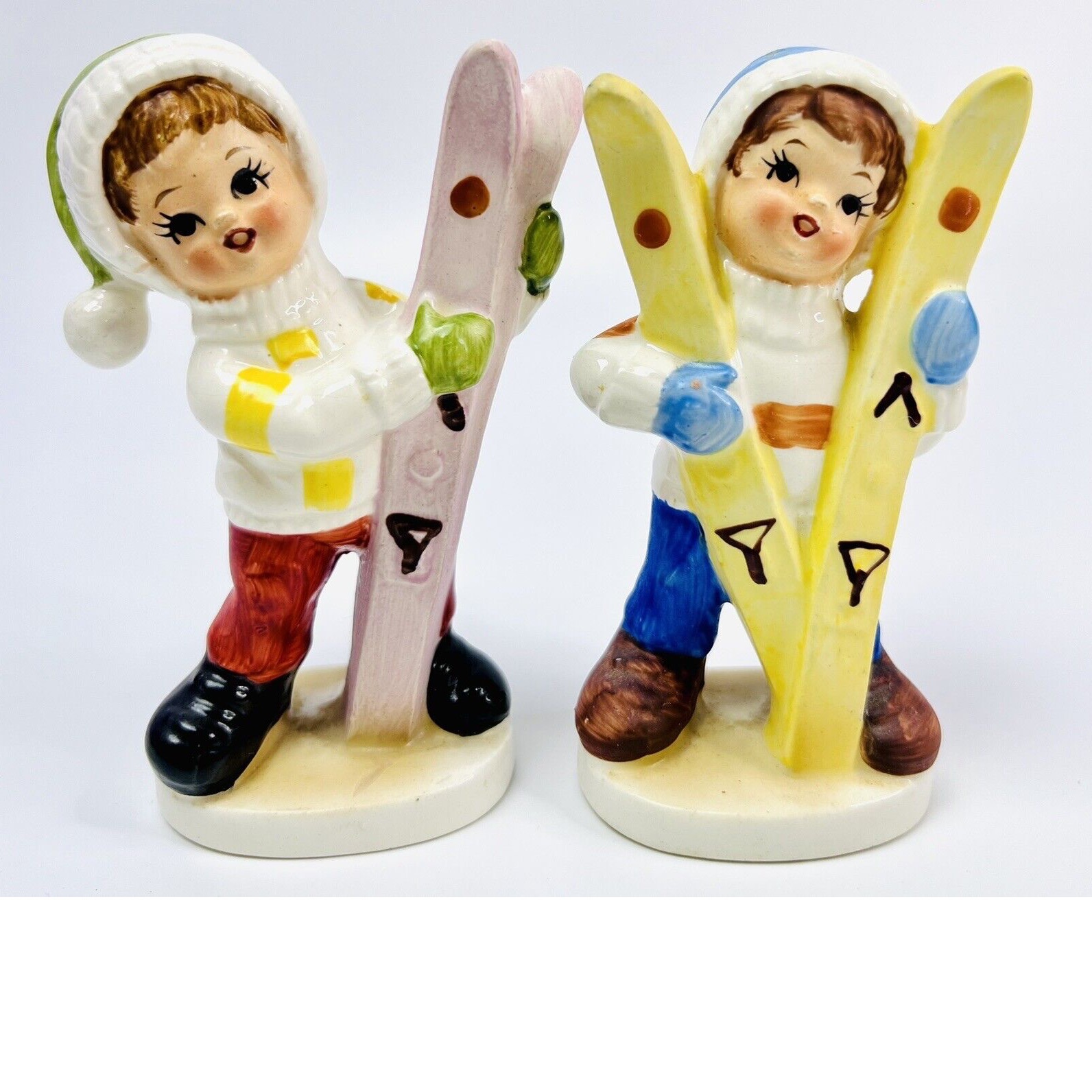 Two Vintage Ceramic Ski Children Boy Girl Pink Yellow Made in Japan ...