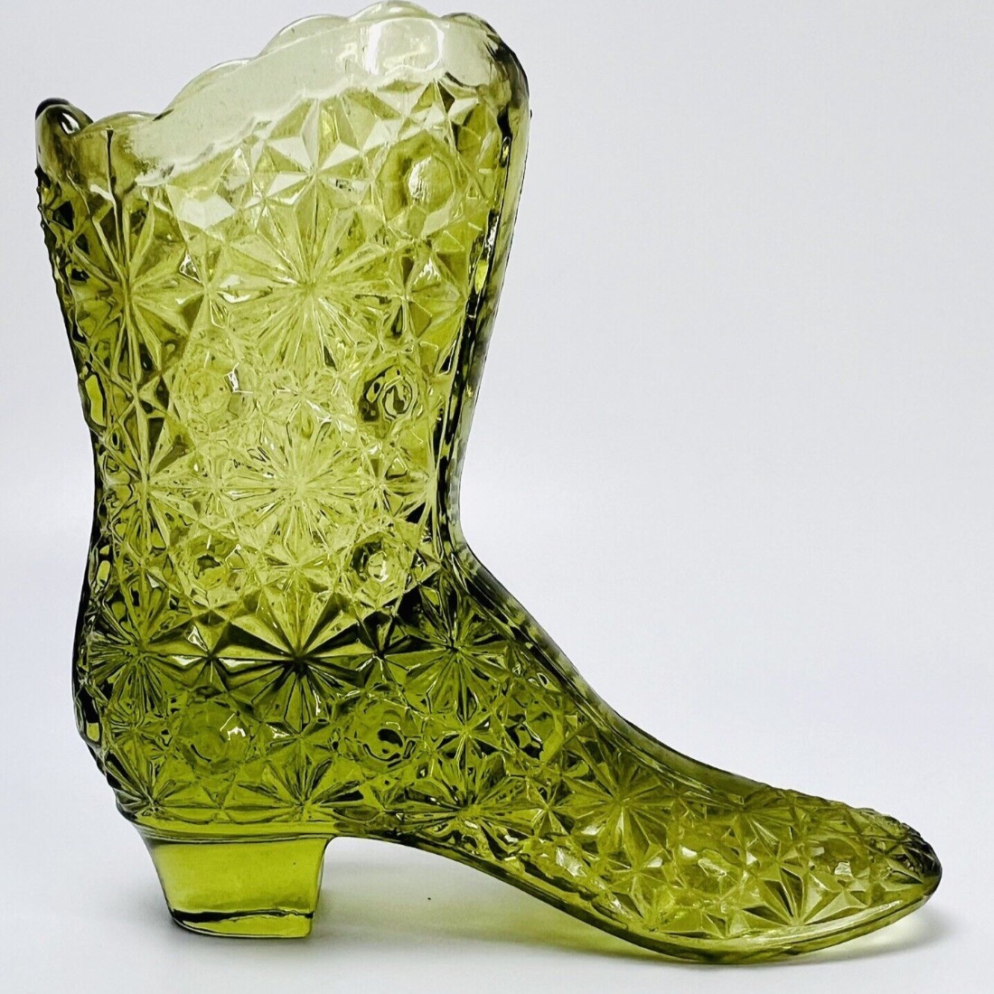 Vintage Fenton Glass Boot Daisy and Button Pattern Avocado Green Shoe