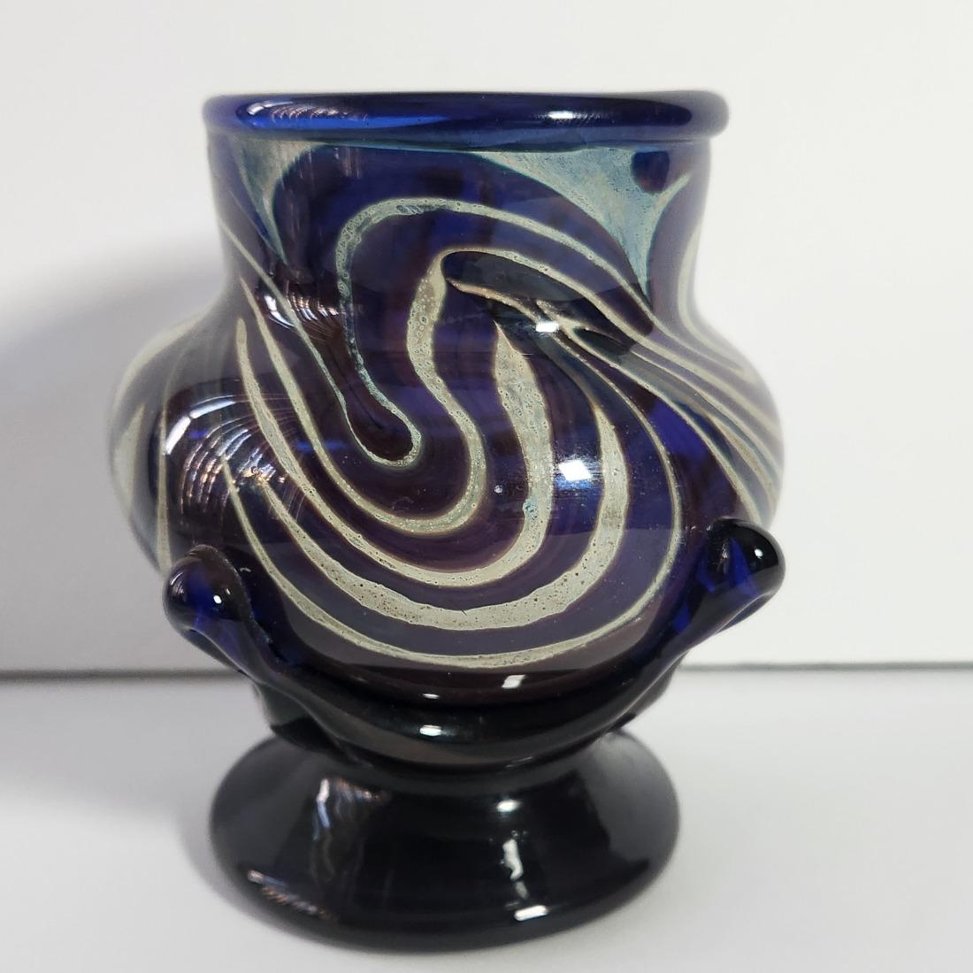 Vintage Gary Loch Art Glass Vase 1977 Cobalt Blue Feather Pull