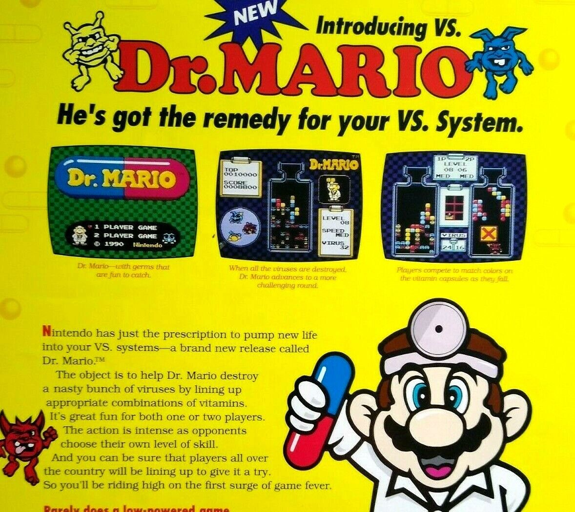 Dr Mario Arcade FLYER Original 1990 Video Game Art Print VS Game System