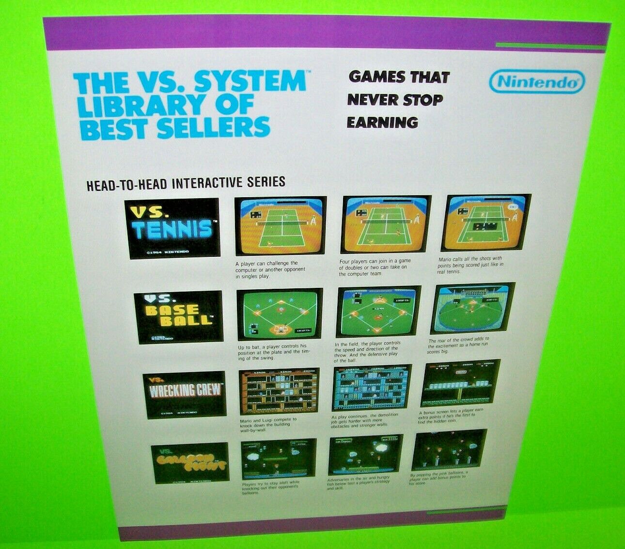 Nintendo VS System Titles 1984 Original NOS Video Arcade Game Promo ...