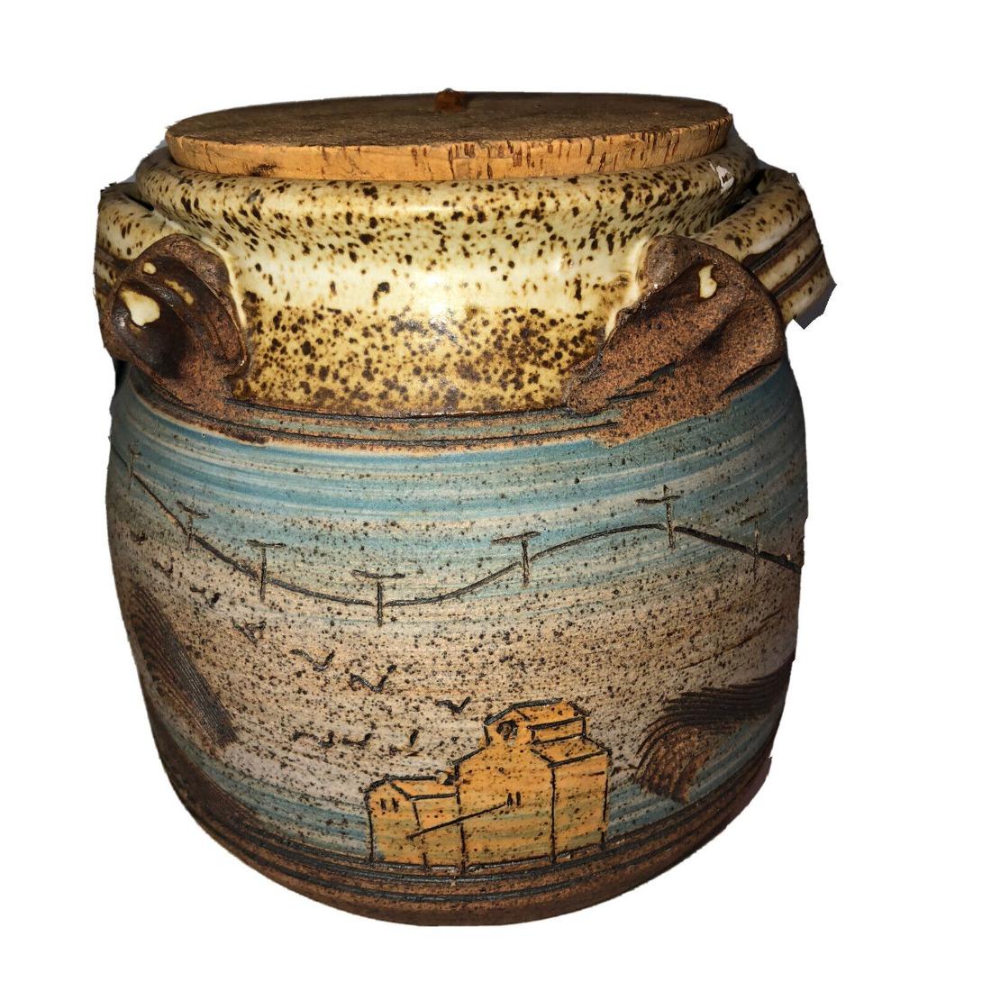 Vintage Stoneware Crock With Cork Barn Farm Design signed