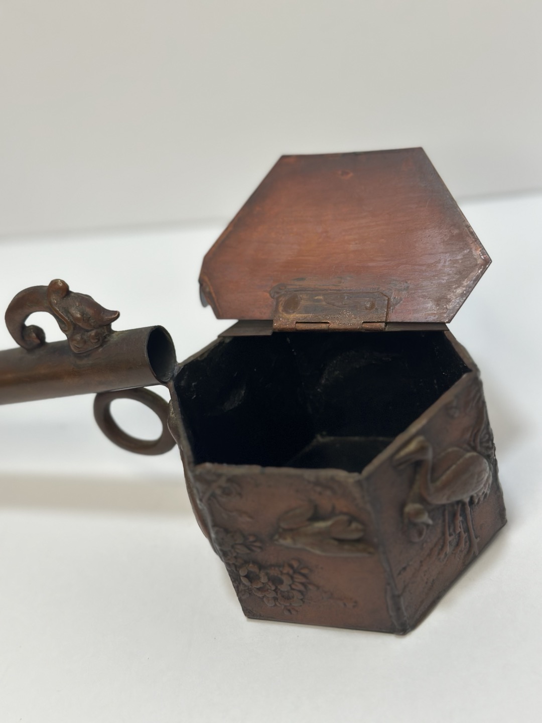 Antique Chinese Calligraphy Ink Well And Pen Holder. Copper. Ornate.