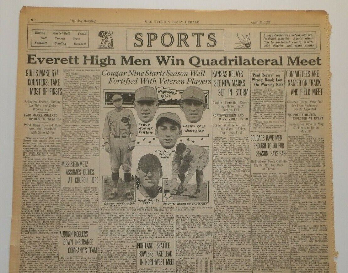 WSU Cougars, Buck Bailey, Archie Buckley, 1929 Original Newspaper ...