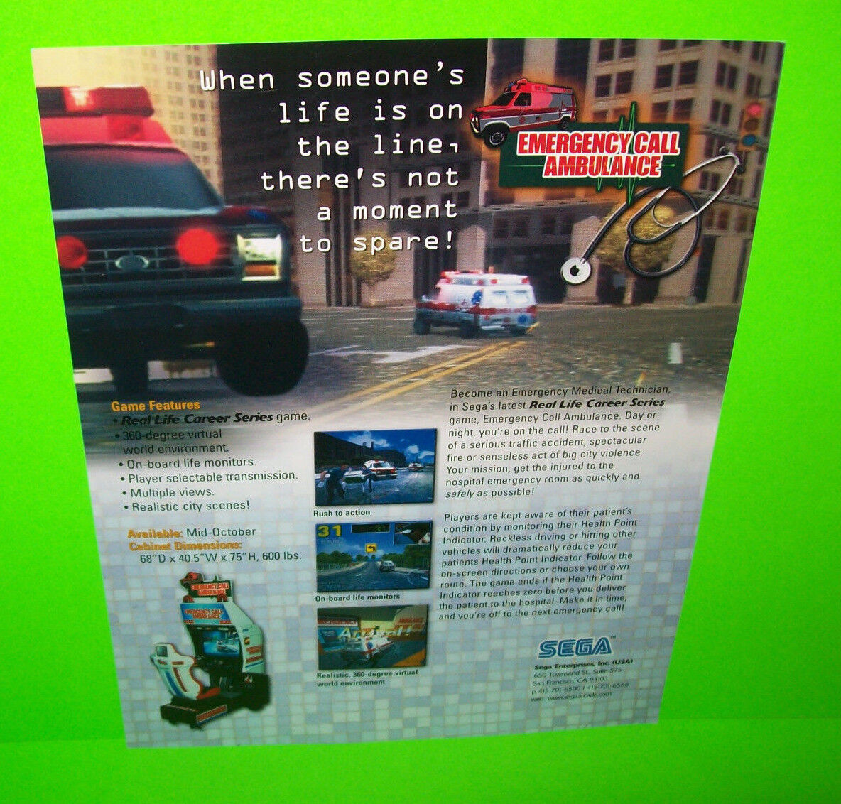 Emergency Call Ambulance Arcade FLYER Original Video Game Artwork ...