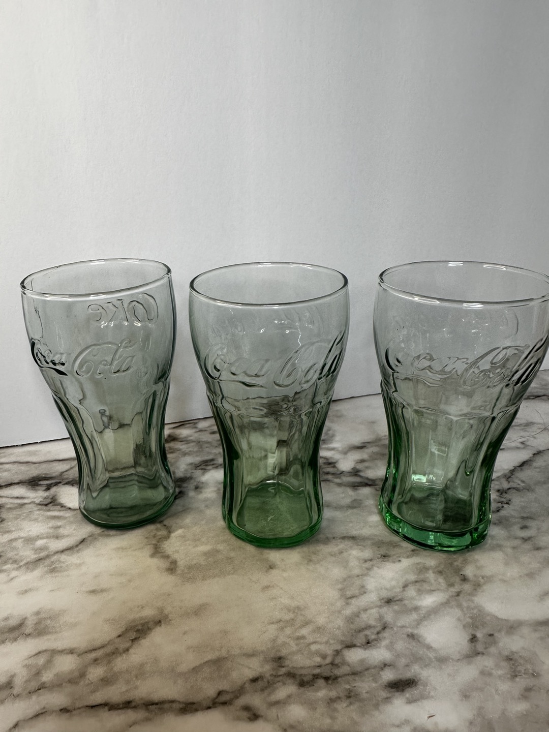 Mini Coca-cola Green Glass Set Of 3 Glasses 4” Tall