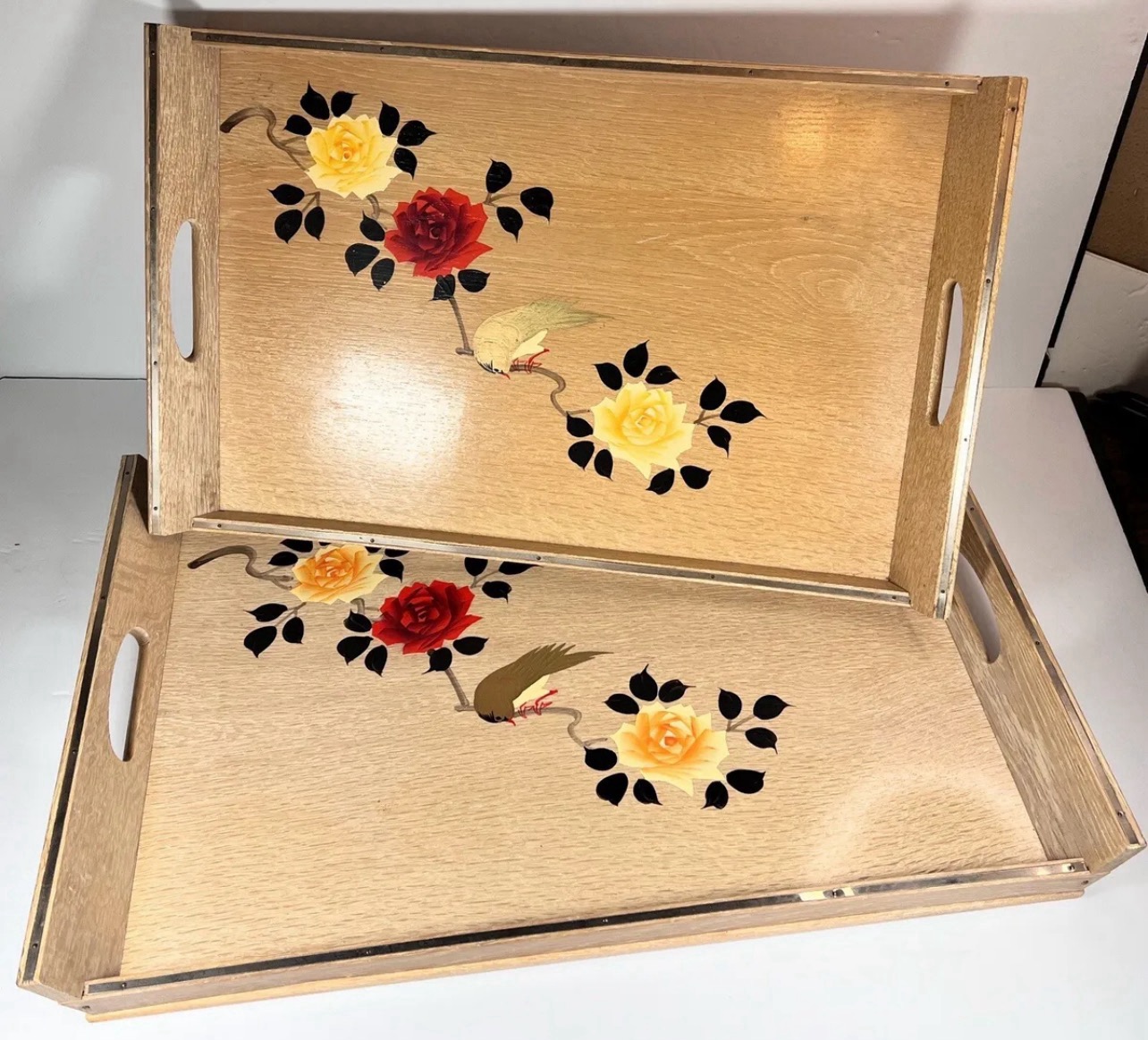2 Vintage Handpainted Roses & Bird Wood Nesting Trays Metal Rim